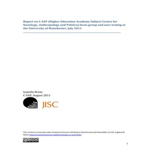 User testing and focus group report at Manchester University (C-SAP ...