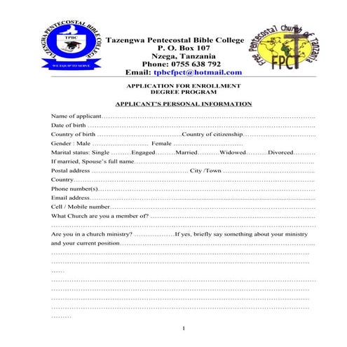 Fomu kujiunga degree tpbc | DOC