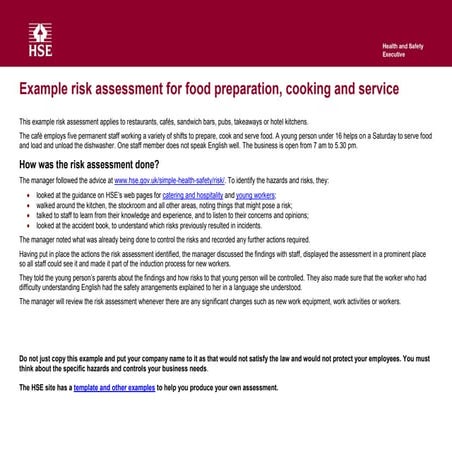 Food Preparation Risk Assessment Examples | PDF