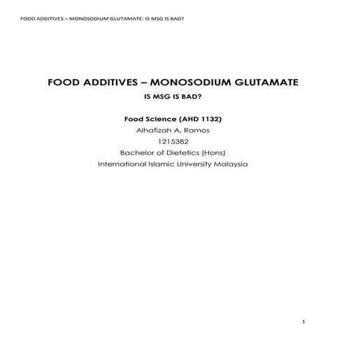 Food Additive: MSG - is it bad for us? | PDF