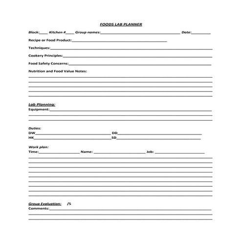 Foods Lab Planner | DOCX