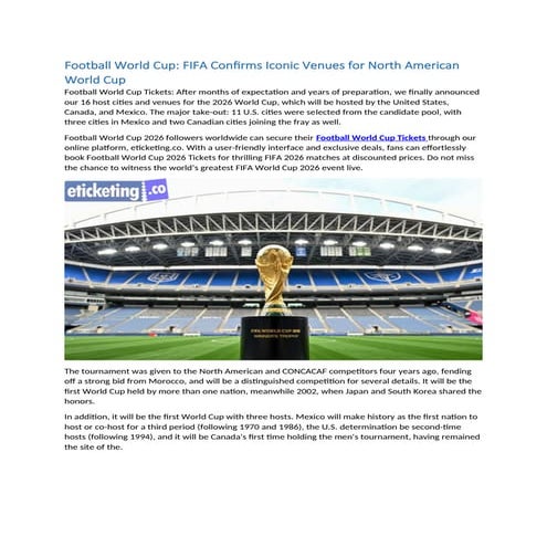 Football World Cup FIFA Confirms Iconic Venues for North American World ...