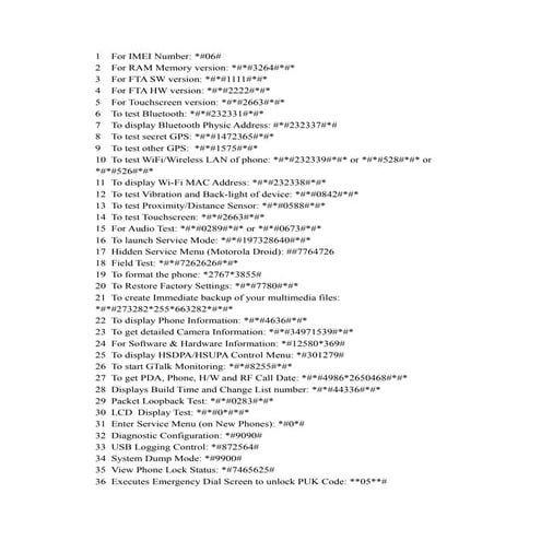 Android phones secret codes ... | DOC