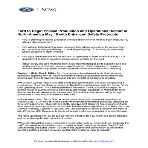 Ford to Begin Phased Production and Operations Restart | PDF
