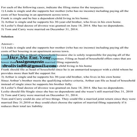 For each of the following cases, indicate the filing status for the .pdf