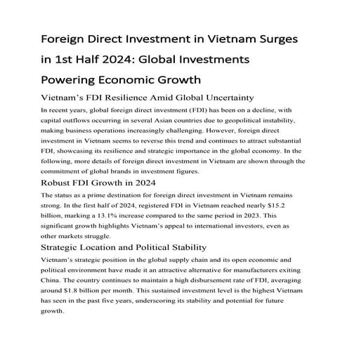 Foreign Direct Investment in Vietnam Surges in 1st Half 2024 Global ...