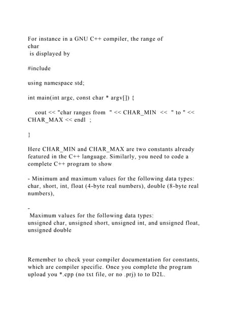 For Instance In A Gnu C Compiler The Range Of Char Is Displaydocx