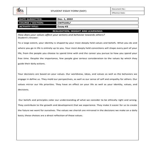 Form - CWTS101 Essay Form - CWTS101 Essay_ Essay on One’s ...
