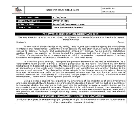 Form - CWTS101 Term End Essay Assessment part 1 - Essay on One’s ...