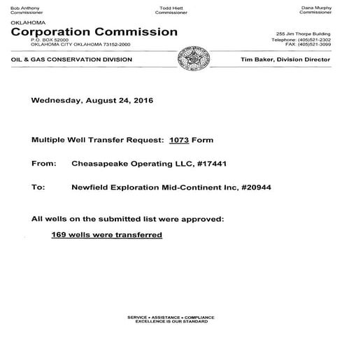 OCC Form 1073 - Filed 8.24.16