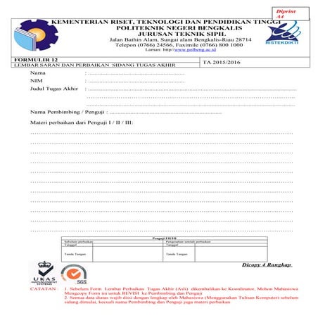 Form 12 lembar saran dan perbaikan ta | DOC