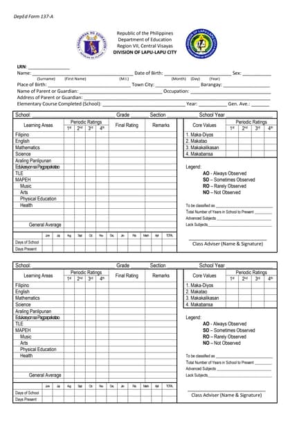 Form 137 school permanent record | DOCX | Professional School | Postgraduate Education