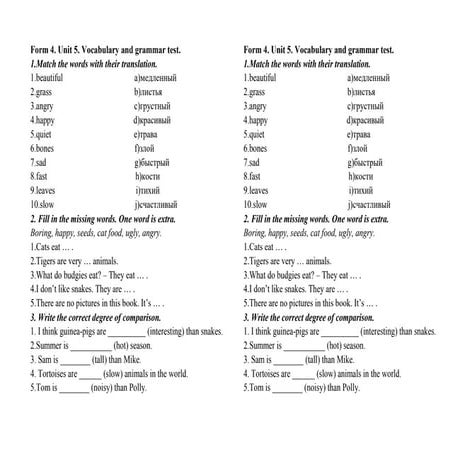 Form 4. Unit 5. Vocabulary and grammar test.docx | Reptiles | Pets