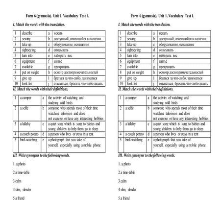 Form 6. unit 1. vocabulary test 1 | DOCX