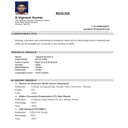 Formal resume vignesh | PDF