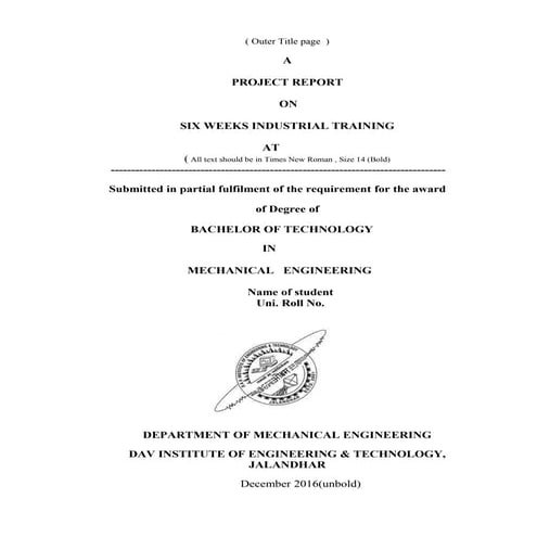 Format for six weeks industral training | DOC