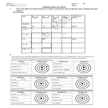 FORMATION OF IONS worksheet for Grade 9 students | DOCX