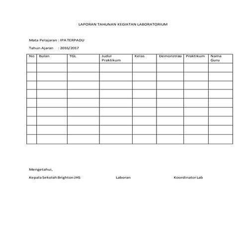 Format laporan bulanan kegiatan laboratorium | DOCX