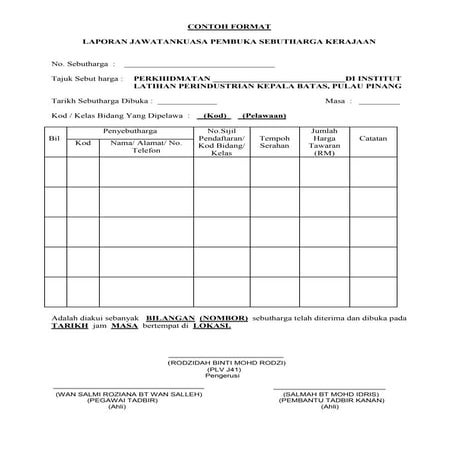 Format Laporan Jawatankuasa Pembuka Sebutharga Kerajaan | PDF