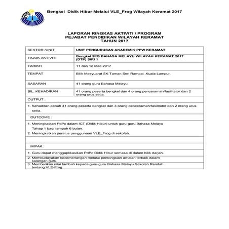 Format laporan ringkas aktiviti dan program ppwk didik hibur 2917 | DOC