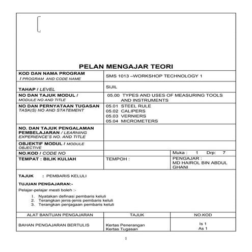kertas rancangan mengajar teori | DOC
