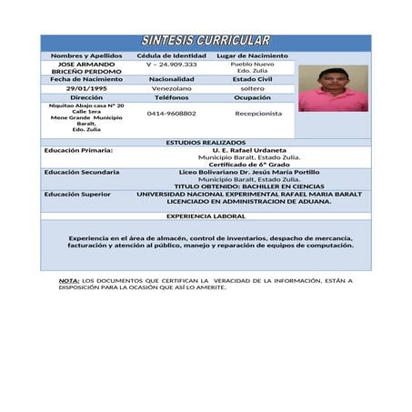 FORMATO CURRICULUM vitae en venezuela.doc