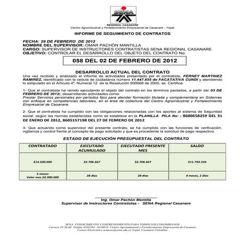 Formato de informe de seguimiento de contratos | DOC