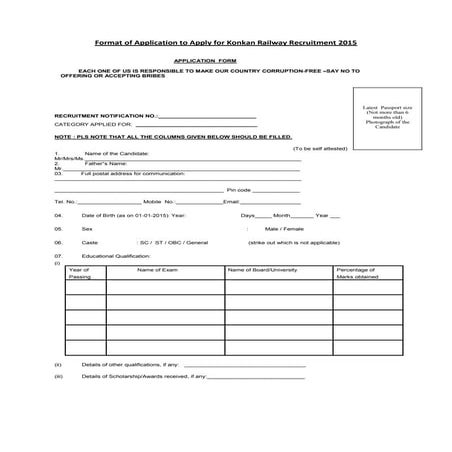 Format of Application to Apply for Konkan Railway Recruitment 2015 | PDF