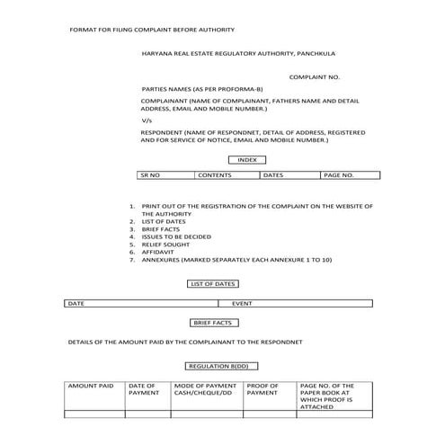 RERA Panchkula Haryana Complaint Format | PDF