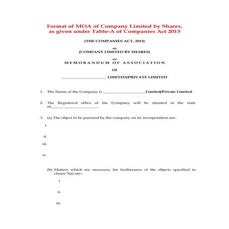 Format of AOA (Article of Association) as per New Companies Act 2013