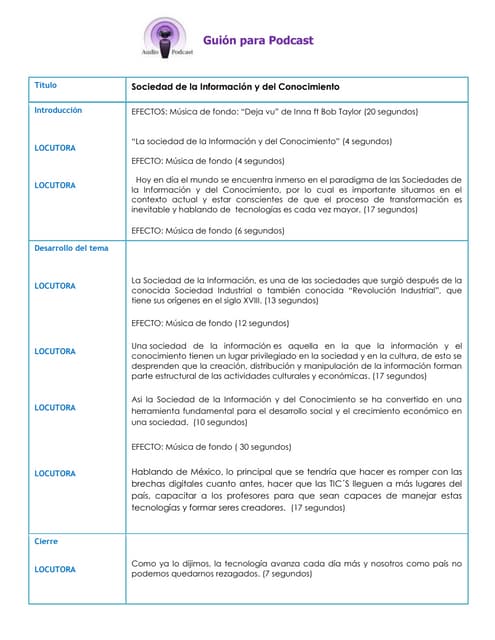 Ejemplo de Guion para la elaboración de un podcast | PDF