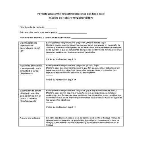 Formato para emitir retroalimentacion, modelo de hattie y timperley | PDF