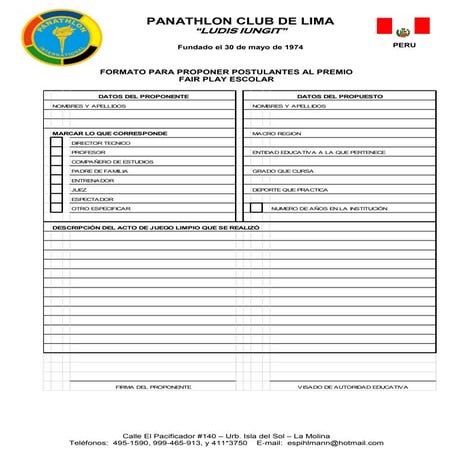 Formato para proponer postulantes al premio fair play escolar | PDF