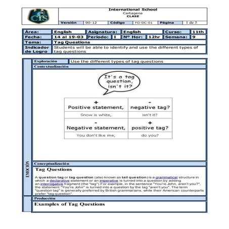 Formato plano 11th week9_tag questions | DOCX