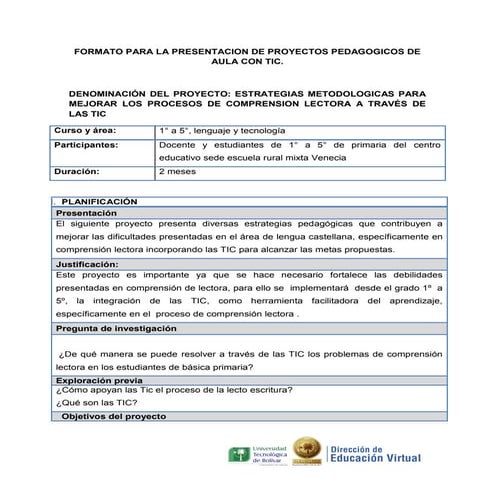 Formato para proyecto de aula. tic idaly quitian | PDF