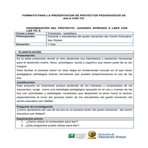 Formato para proyecto de aula. tic idaly quitian | PDF