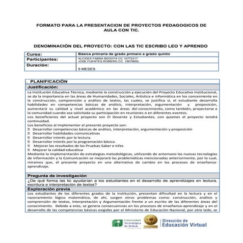proyecto de aula leo escribo y aprendo con las tics | DOCX