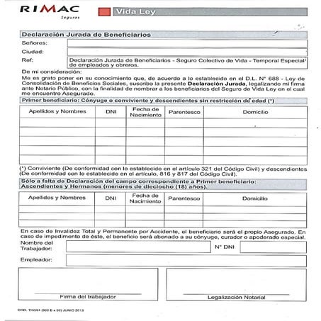 Formato rimac vida ley | PDF