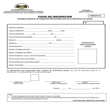 FORMATOS PARA LA INSCRIPCIÓN PARA LA ACADEMIA MUNICIPAL DE HUARAL 2019 ...