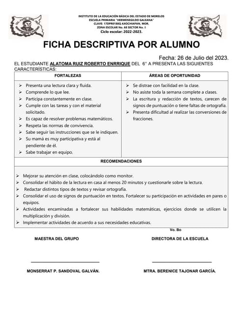 Ejemplo De Ficha Descriptiva De Alumnos Con Rezago Ficha Descriptiva: