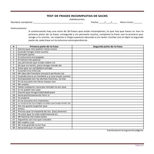 Formato Test de Frases Incompletas para adolescentes | DOCX