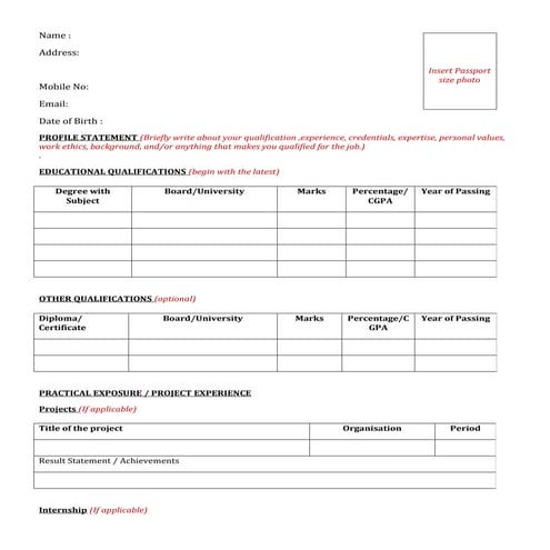 CV /bio data /resume format | DOC