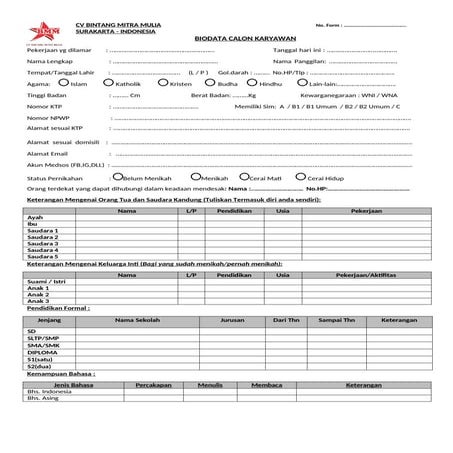 Form Biodata Calon karyawan Kerja Umum. | DOCX
