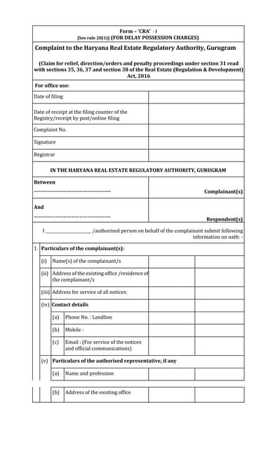 Complaint to Regulatory Authority RERA Punjab Form M | PDF