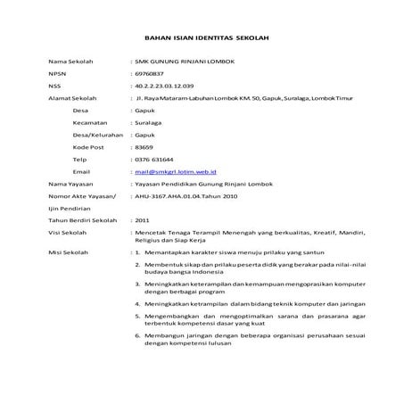 Form identitas smk gunung rinjani lombok | PDF