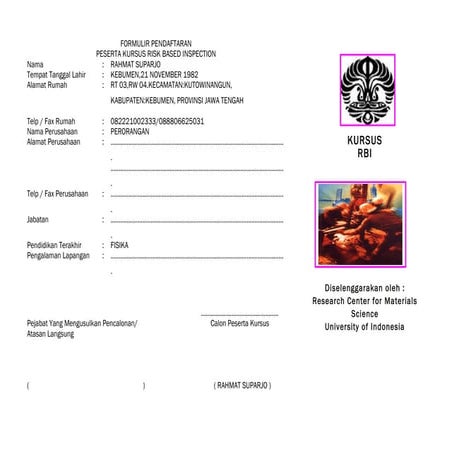 Form kursus rbi | DOC