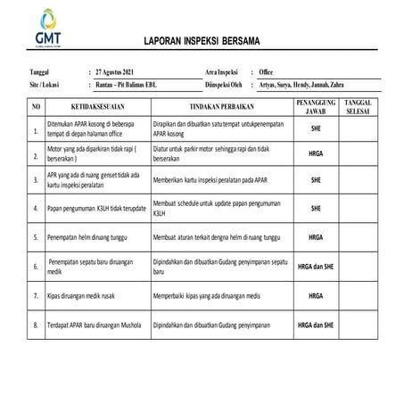 Form laporan inspeksi bersama | DOCX