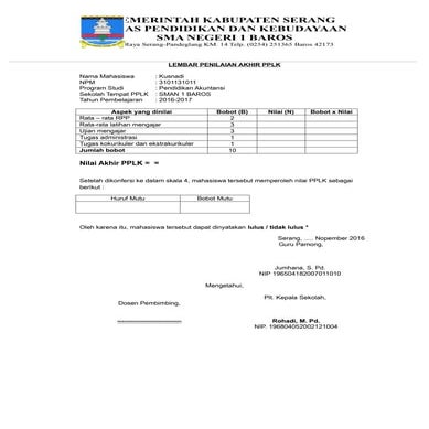 Form lembar penilaian akhir pplk | PDF