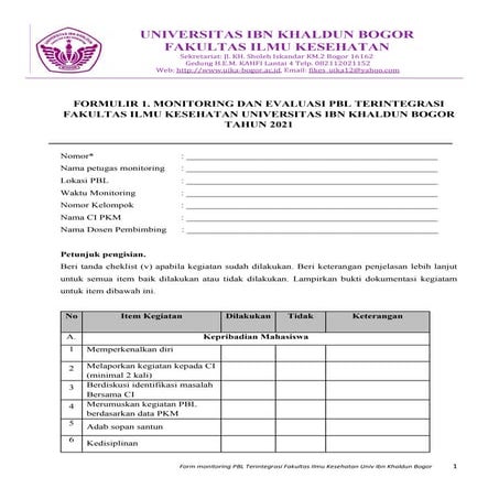 Form monev dosen pbl 2021 | PDF