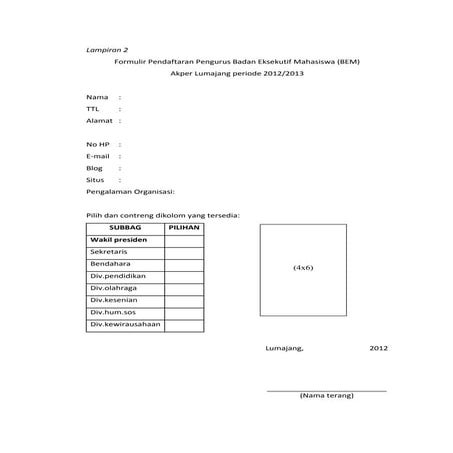 Formulir pendaftaran bem | DOCX